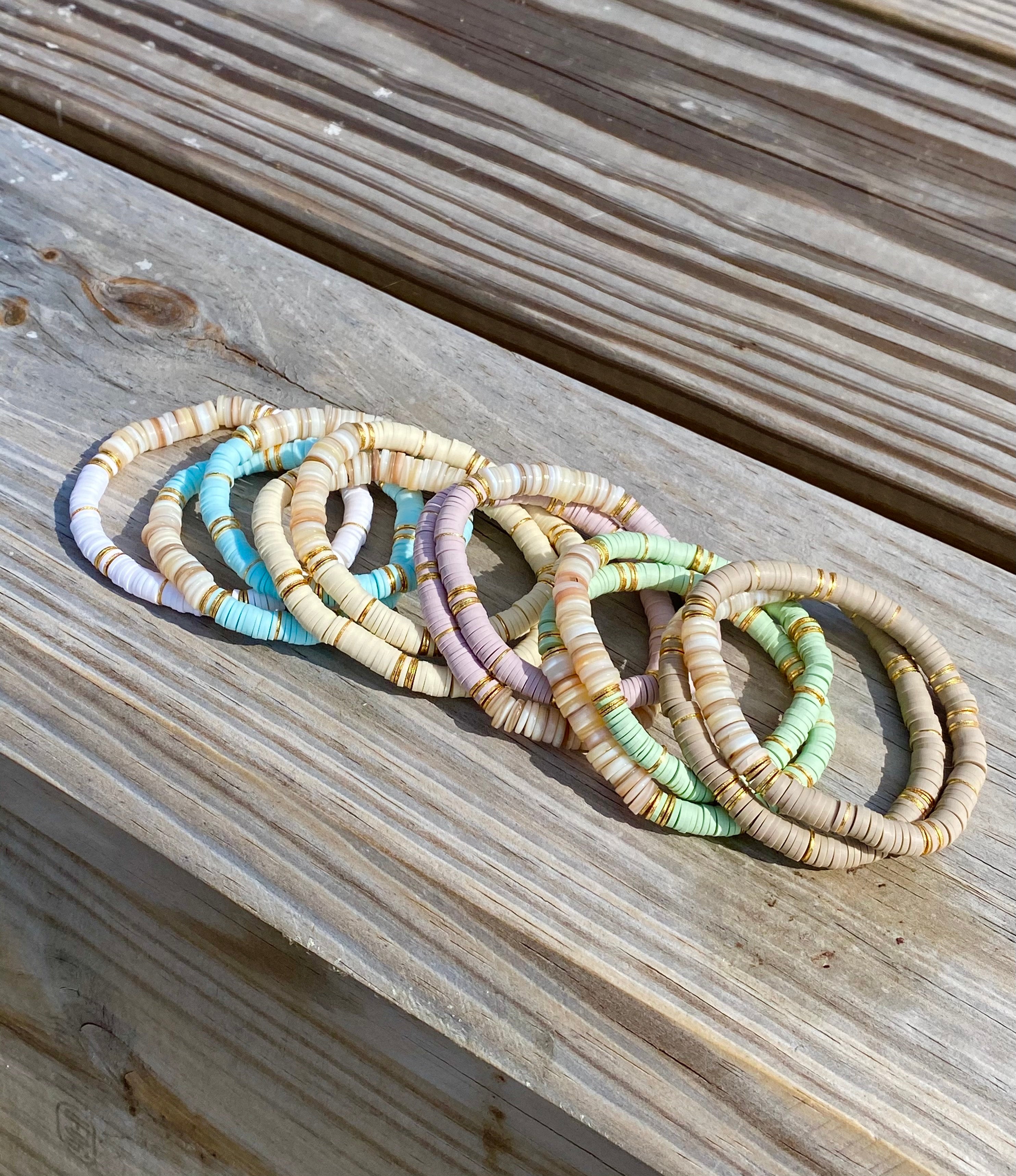 African Vinyl Disc & Shell Rondelle Disc stretch Bracelets | Summer ...